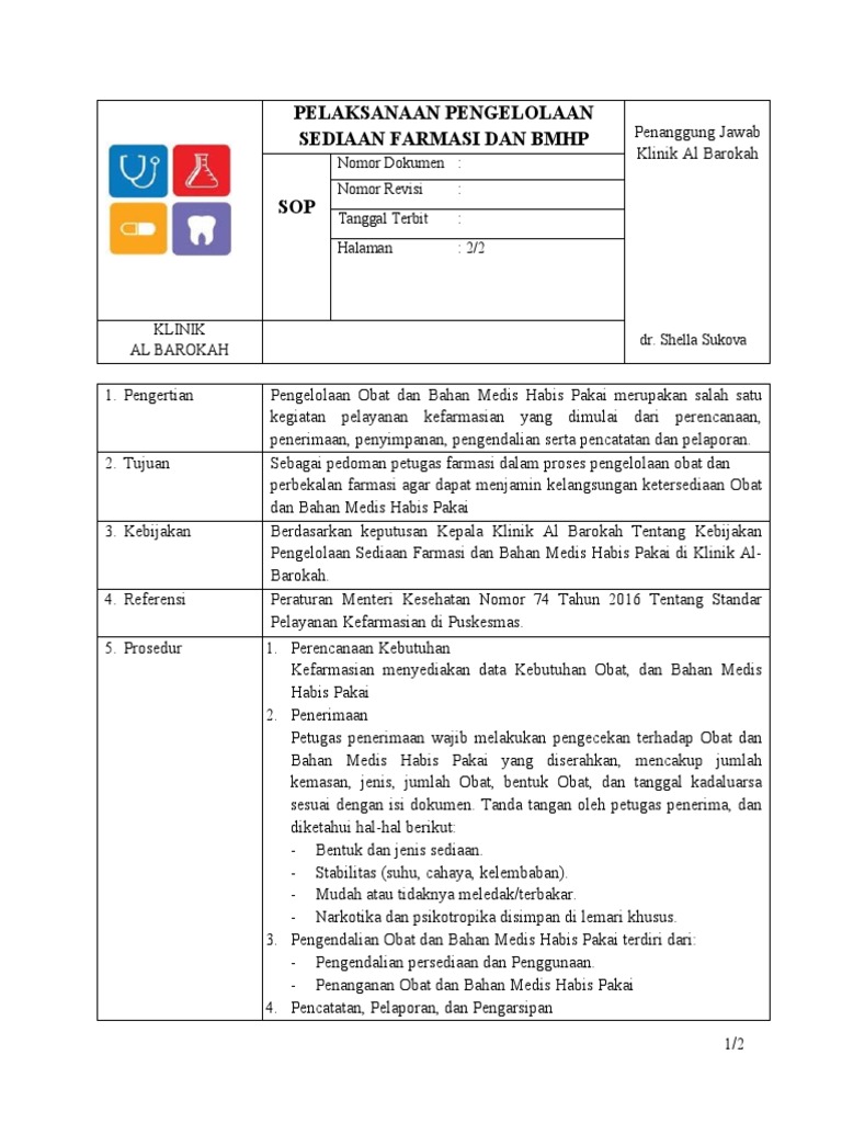 Sop Pelaksanaan Pengelolaan Sediaan Farmasi Dan BMHP | PDF | Kesehatan Holistik | Sains & Matematika