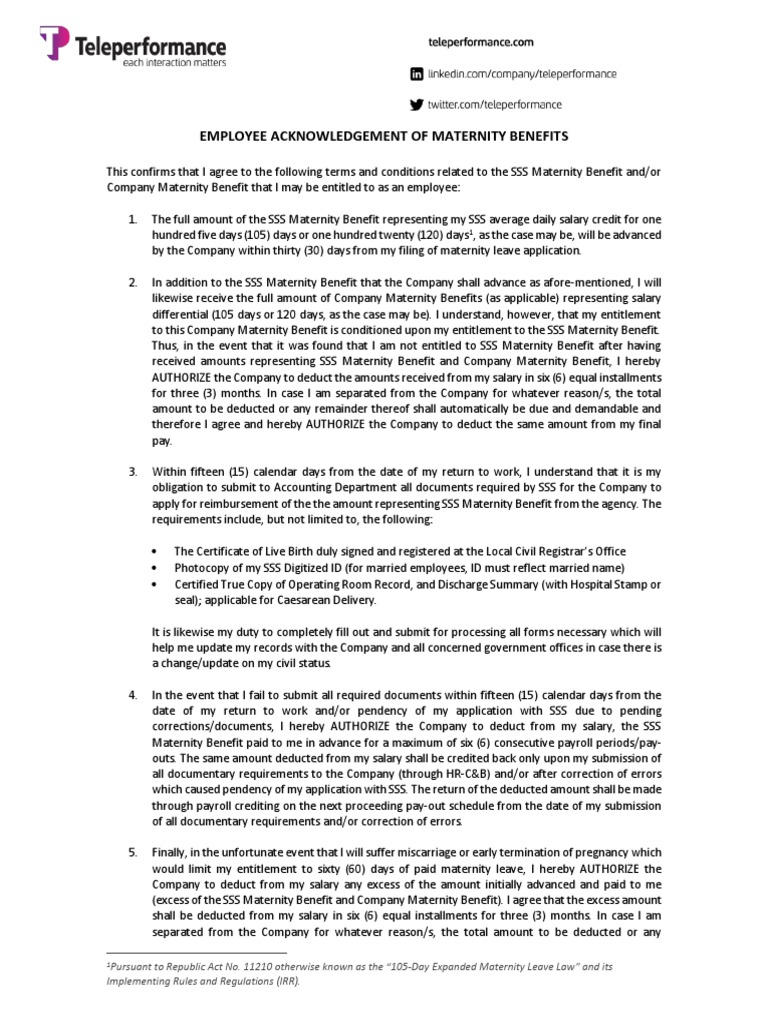 Employee Acknowledgement of Maternity Benefits - Signed | PDF | Salary ...