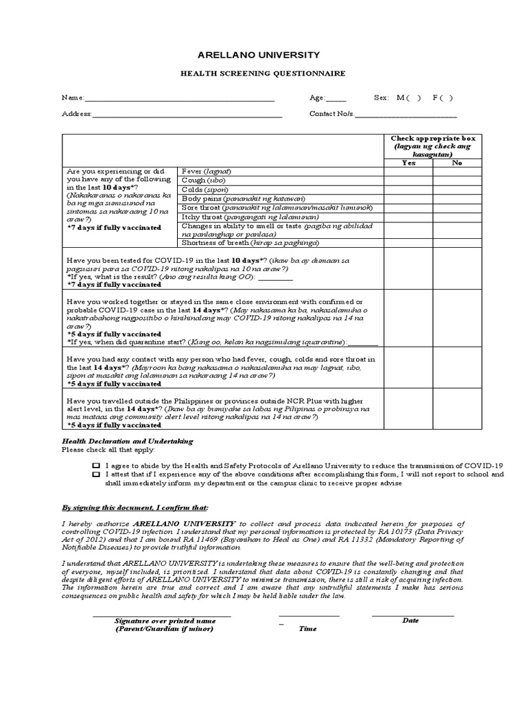 Health Symptoms Questionnaire For F2F | PDF | Common Cold | Clinical ...