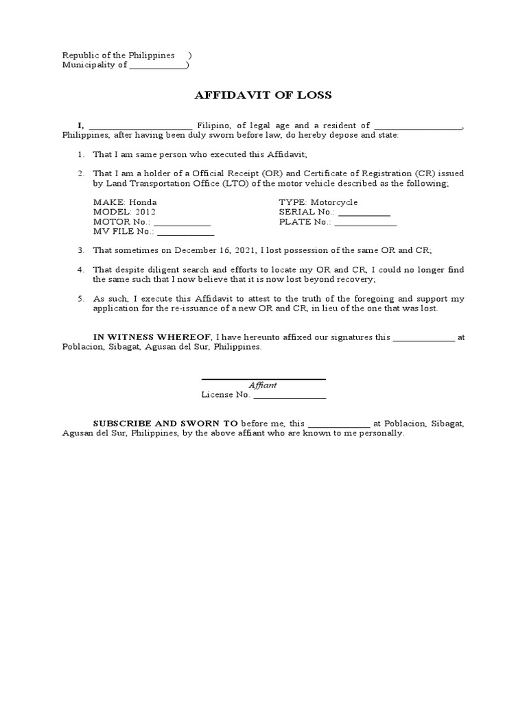 Affidavit of Loss - OR - CR | PDF