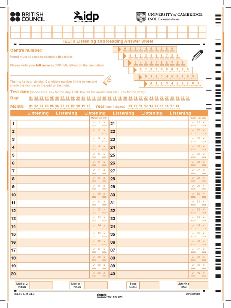 IELTS Listening and Reading Answer Sheet | PDF | International English ...