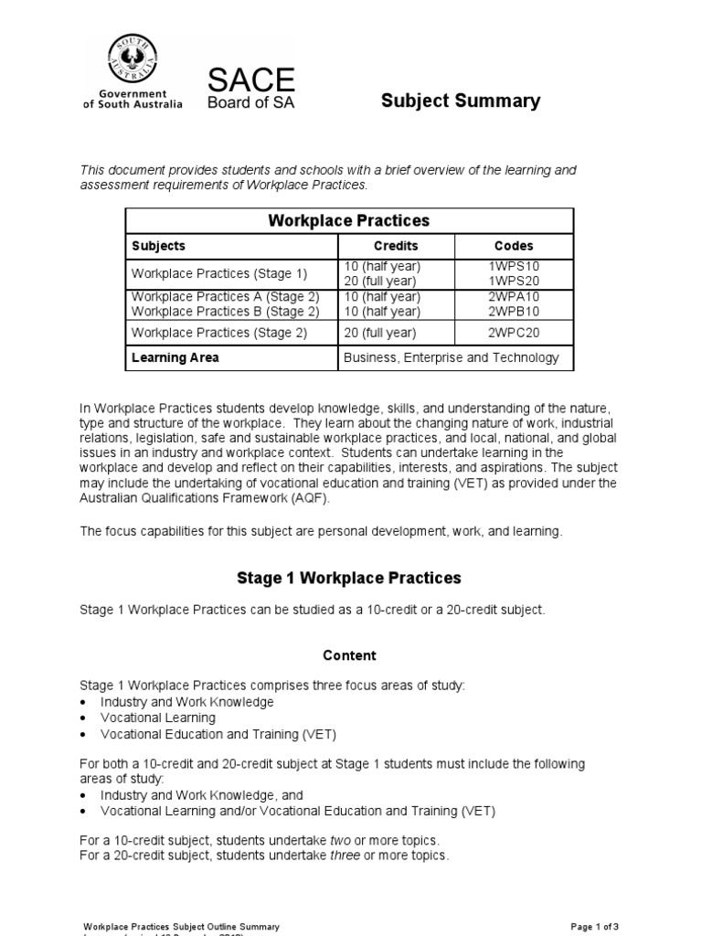 SACE Workplace Practices Overview | PDF | Vocational Education ...