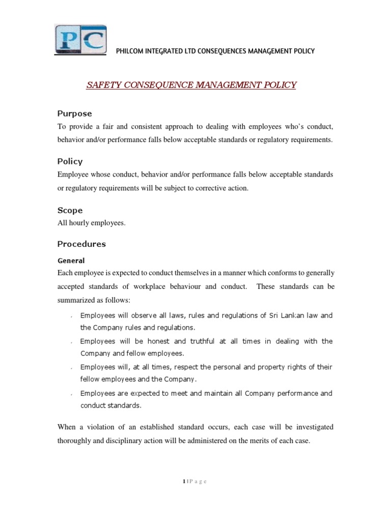 Safety Consequence Management Policy | PDF | Employment | Policy