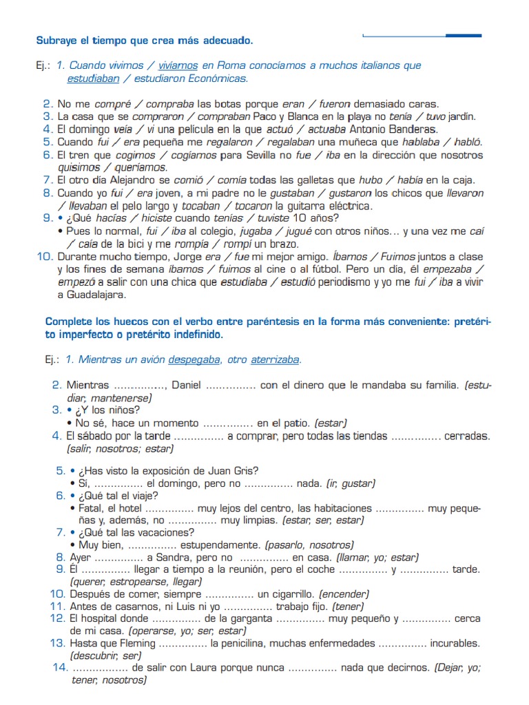 Pret. Imperfecto VS Pret. Indefinido Ejercicios 1 | PDF