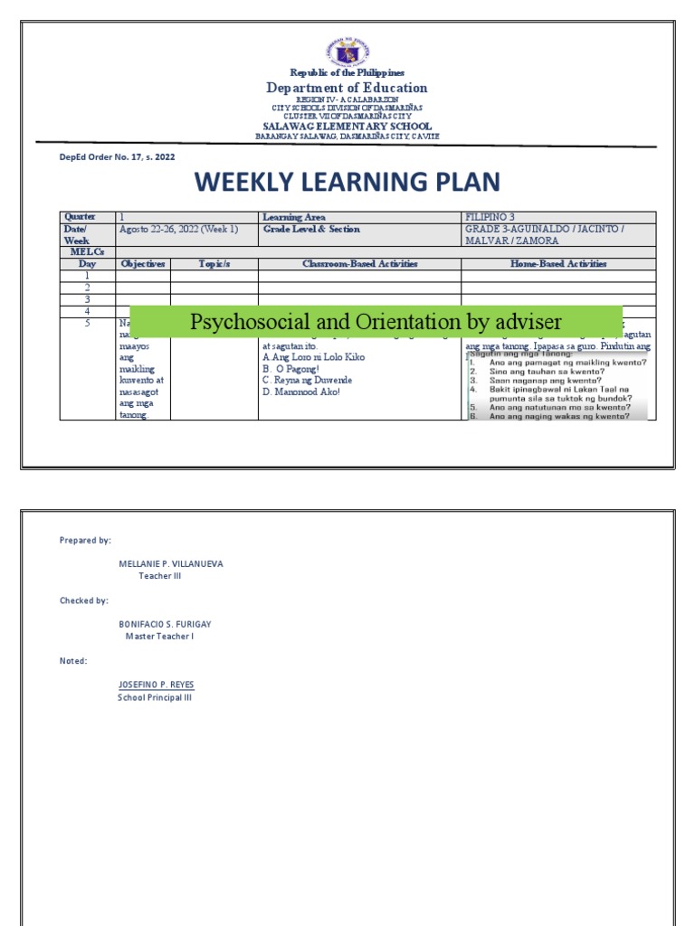 Weekly Learning Plan for Filipino 3 Focused on Reading Comprehension ...