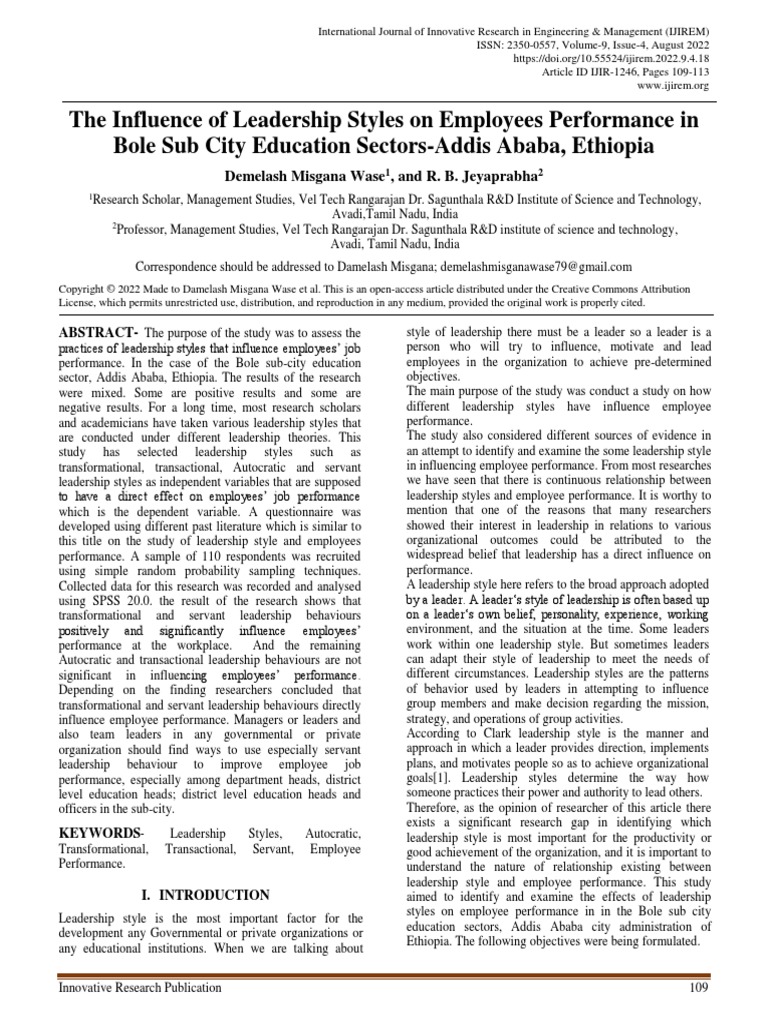 The Influence of Leadership Styles On Employees Perfromance in Bole Sub ...