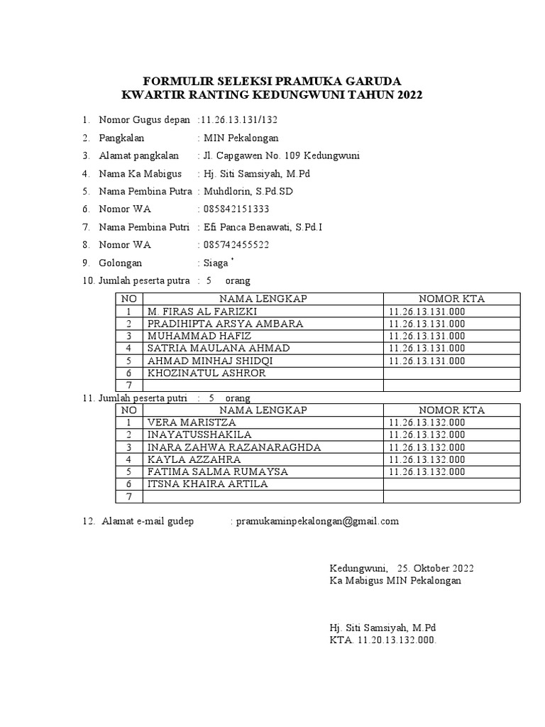 Formulir Seleksi Pramuka Garuda Min | PDF