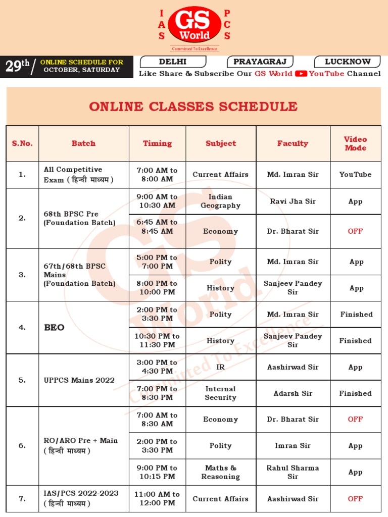 29 Oct 2022 GS WORLD CLASSES SCHEDULE-2 | PDF