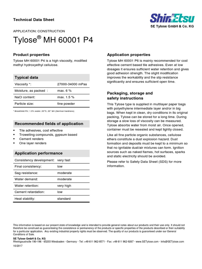 Tylose MH 60001 P4 TDS | Download Free PDF | Water | Cement