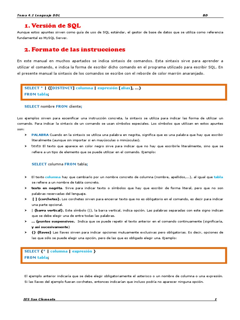 Tema 3.1. Lenguaje DDL | PDF | SQL | Bases de datos