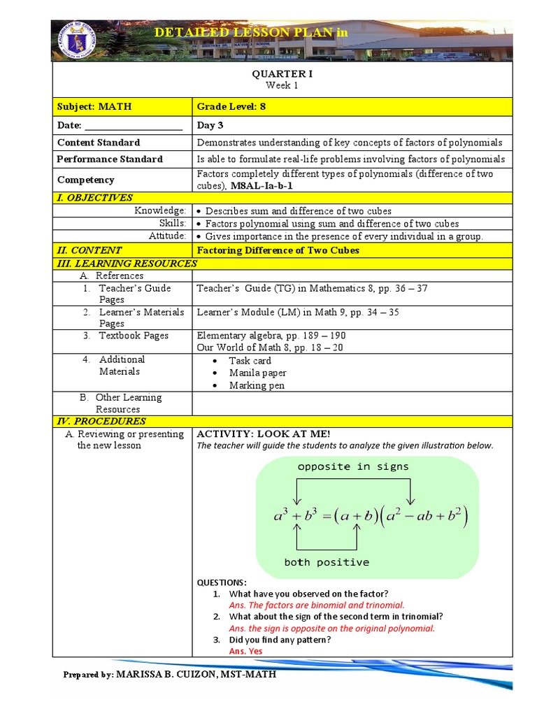 DLL-8 (WEEK 1, Day 3) | PDF | Factorization | Lesson Plan