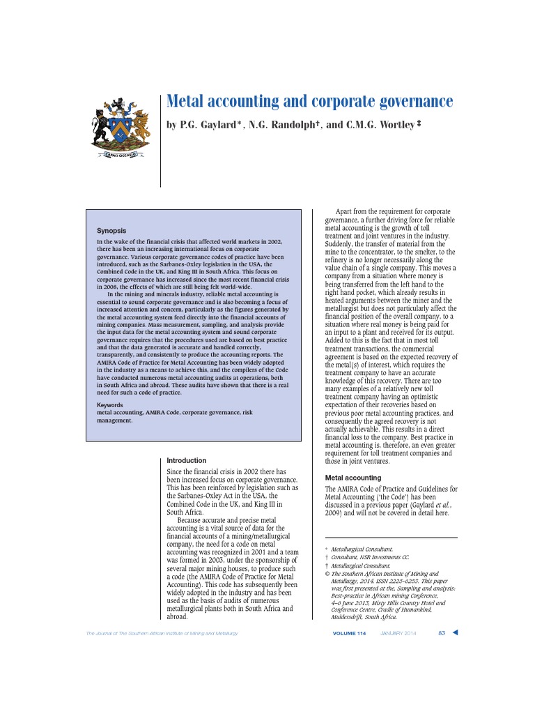 P.G.Gaylard N.G.Ran - 2014 - Metal Accounting and Corporate Governance ...
