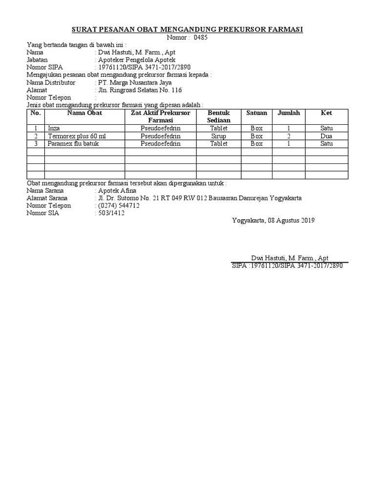 Surat Pesanan Obat Mengandung Prekursor Farmasi | PDF