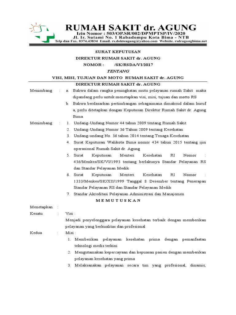 SK Visi Misi Tujuan Motto RS | PDF