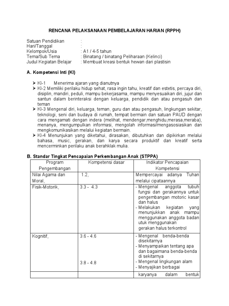 Contoh RKH Paud Tema Binatang Kelinci | PDF