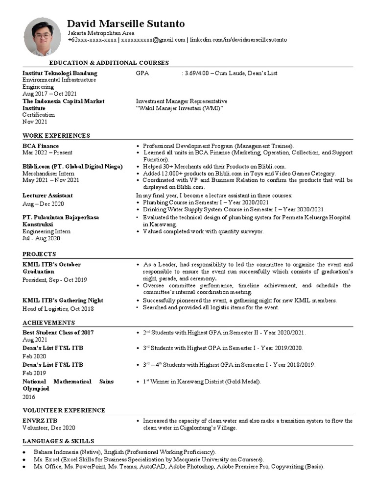 CV - TEMPLATE (David Marseille Sutanto) | PDF | Economies | Business