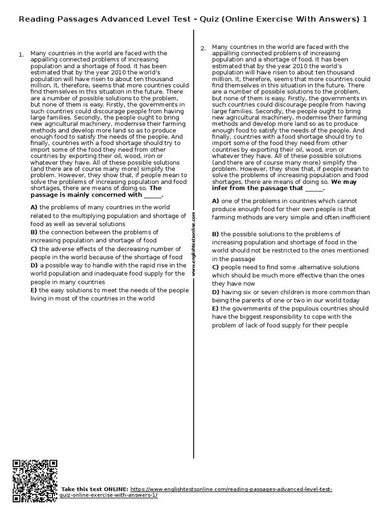 390 - Reading Passages Advanced Level Test Quiz Online Exercise With ...