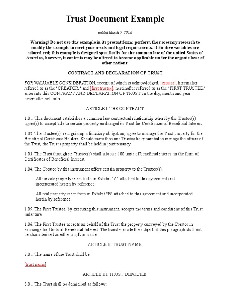 Trust Document Example | PDF | Trust Law | Trustee