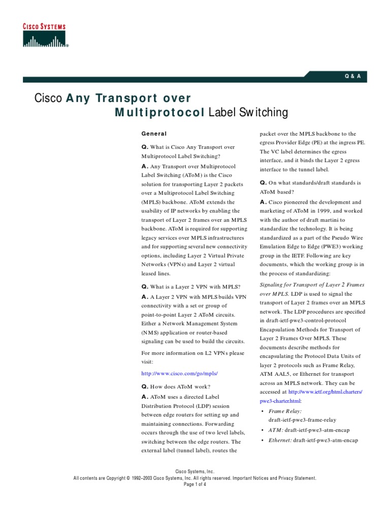 Any Transport Over Multiprotocol: Cisco Label Switching | PDF | Multiprotocol Label Switching ...