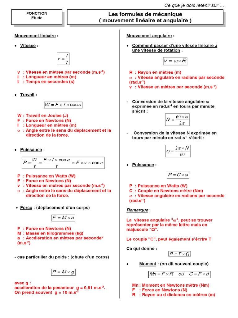 Synthèse Les Formules de Mécanique | PDF