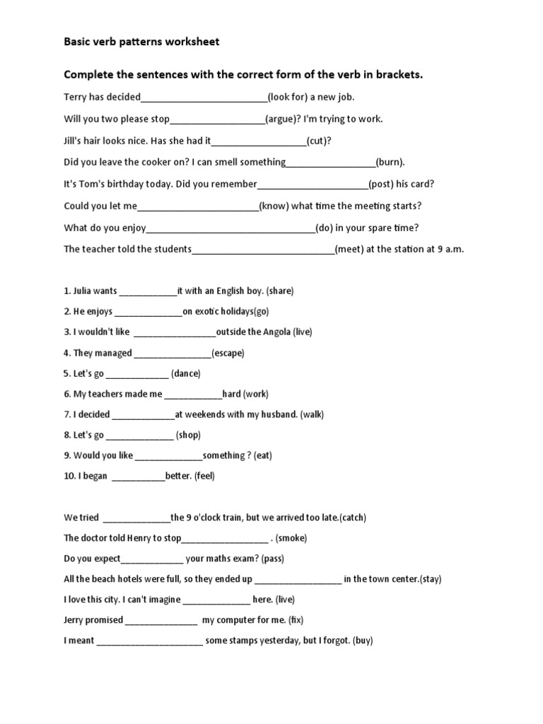 Basic Verb Patterns Worksheet | PDF