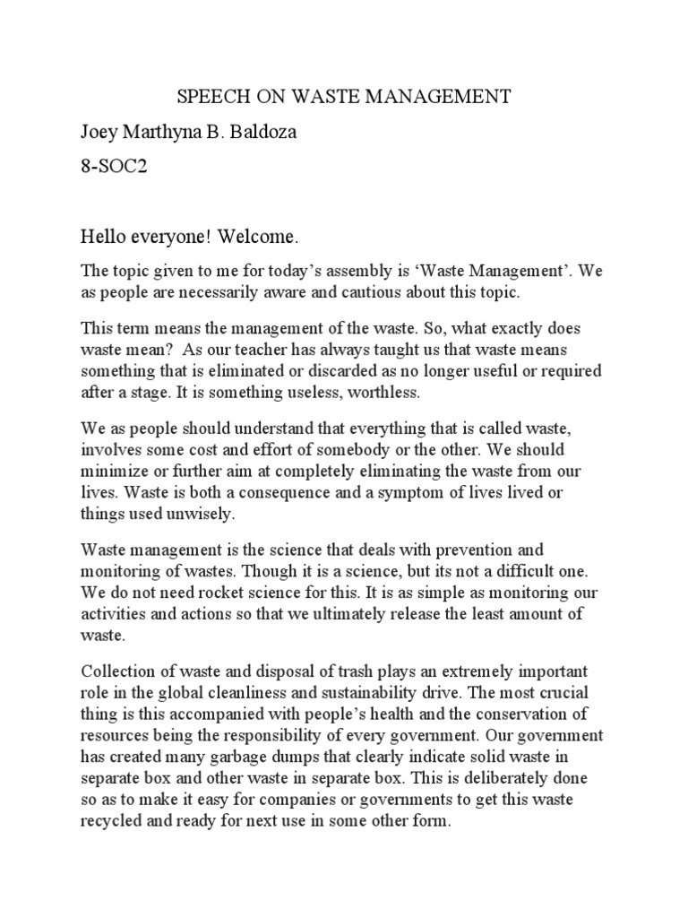 Speech On Waste Management | Download Free PDF | Waste Management | Waste