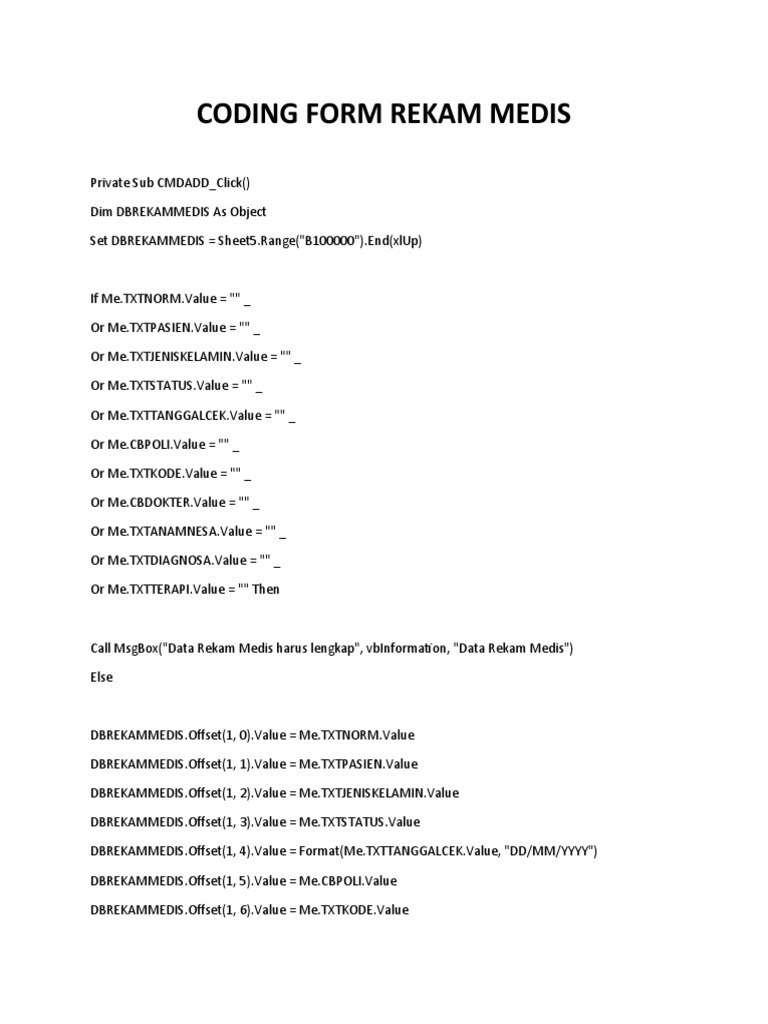 Coding Form Rekam Medis | PDF | Computing | Computer Programming Coding Form Rekam Medis | PDF | Computing | Computer Programming
