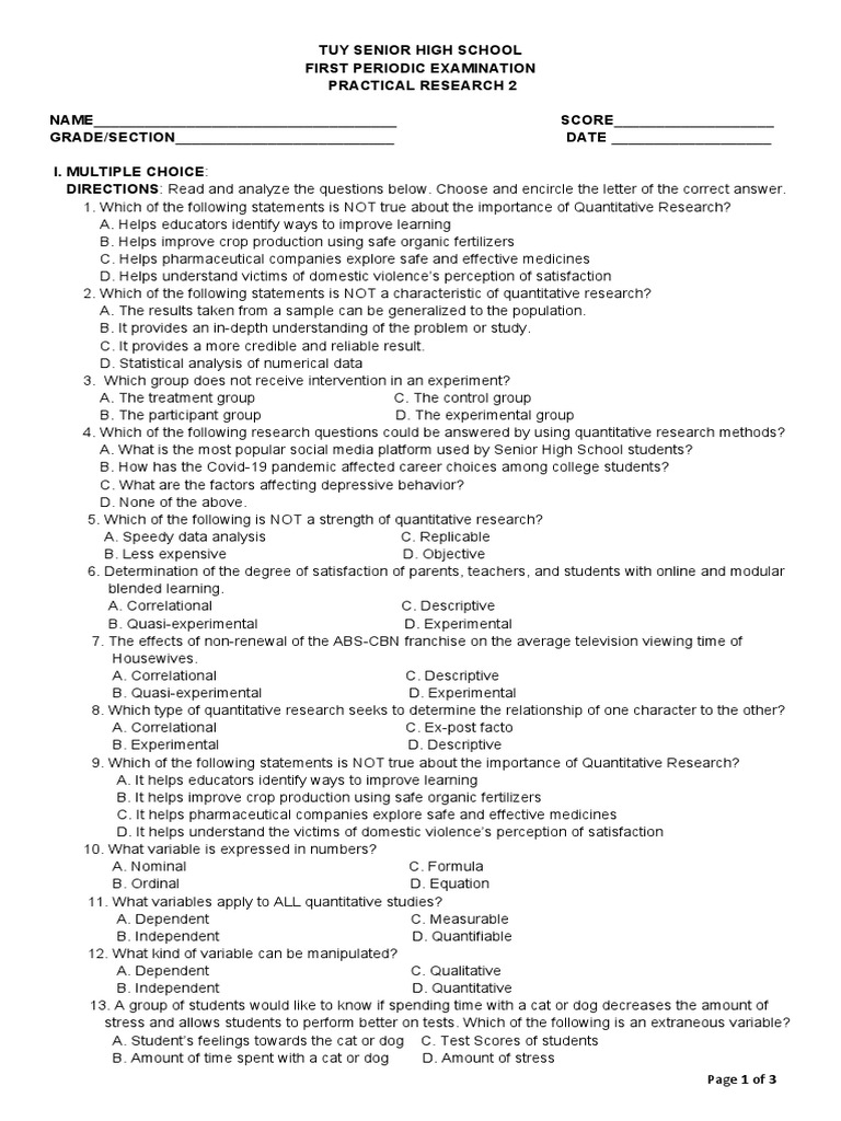 PR2 - 1st PERIODICAL TEST | PDF | Quantitative Research | Statistics