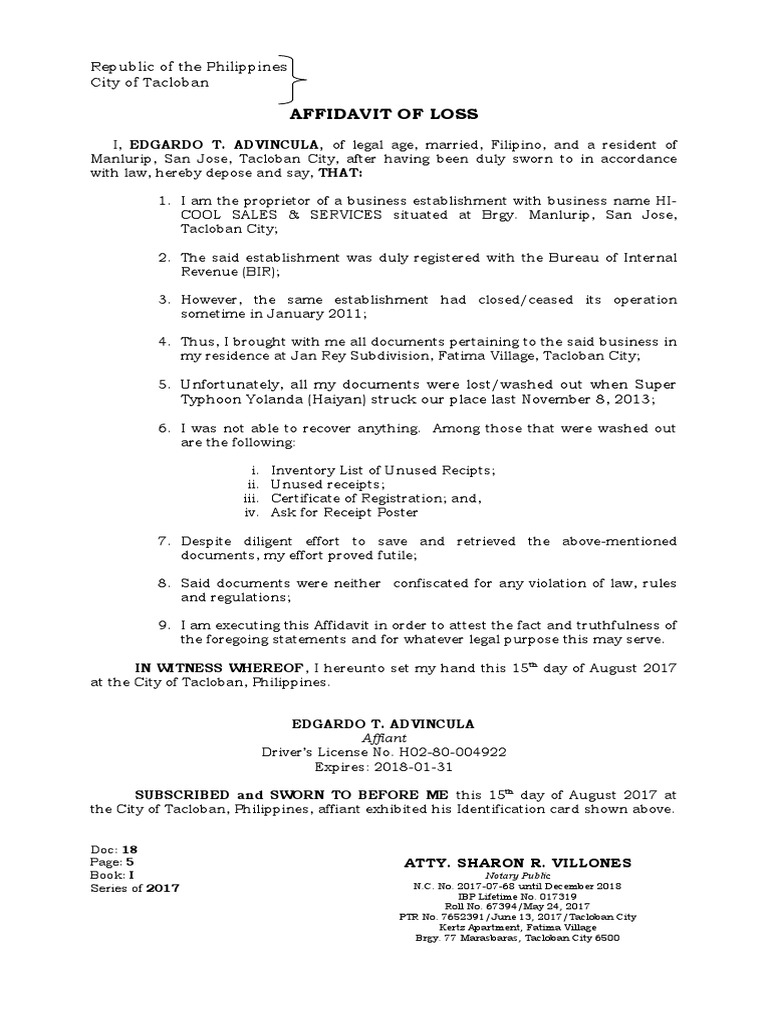 Affidavit of Loss (BIR CR, Voucchers and Receipts) | PDF | Affidavit ...