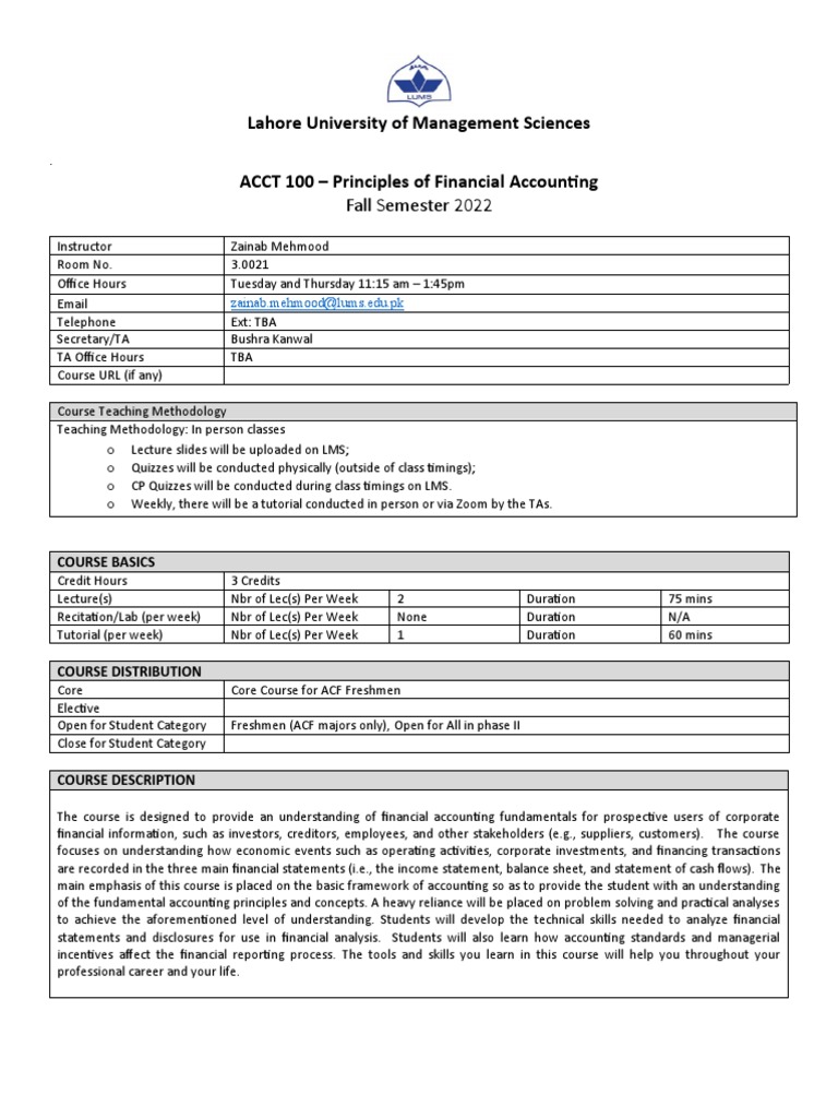 ACCT 100 POFA Course Outline Fall Semester 2022-23 | PDF | Accounting ...