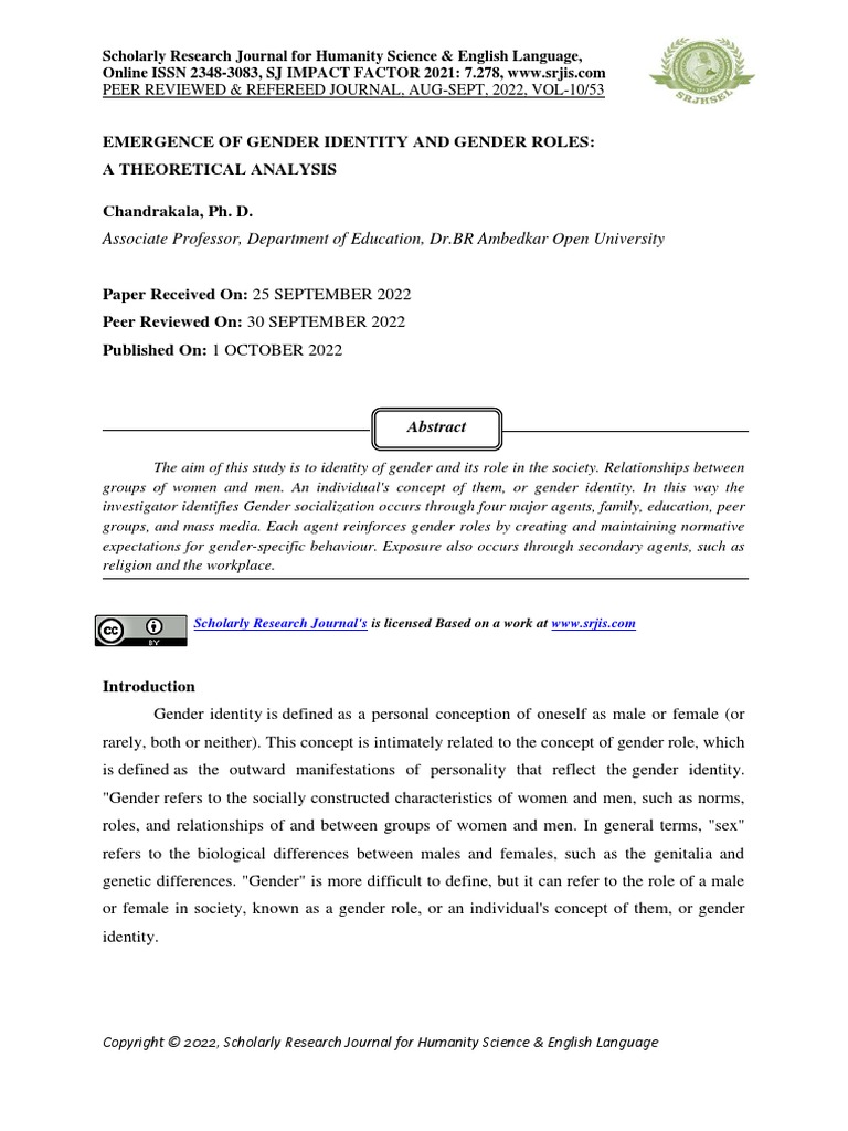 Emergence of Gender Identity and Gender Roles: A Theoretical Analysis ... Emergence of Gender Identity and Gender Roles: A Theoretical Analysis ...