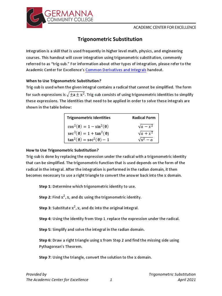Trigonometric Substitution Pdf Trigonometric Functions Trigonometry