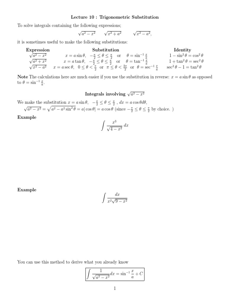 Trigonometric Substitutions for Solving Integrals Involving Radical Expressions | PDF | Square ...