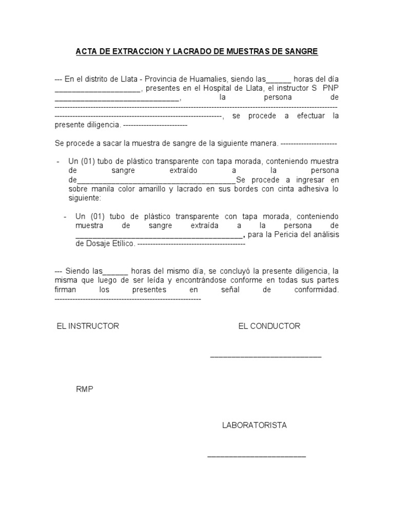 Acta de Extraccion y Lacrado de Muestras de Sangre | PDF Acta de Extraccion y Lacrado de Muestras de Sangre | PDF