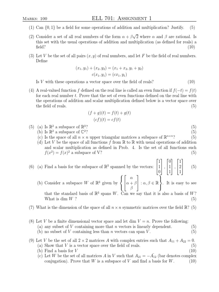 Ell701 Assignment1 | PDF | Basis (Linear Algebra) | Vector Space