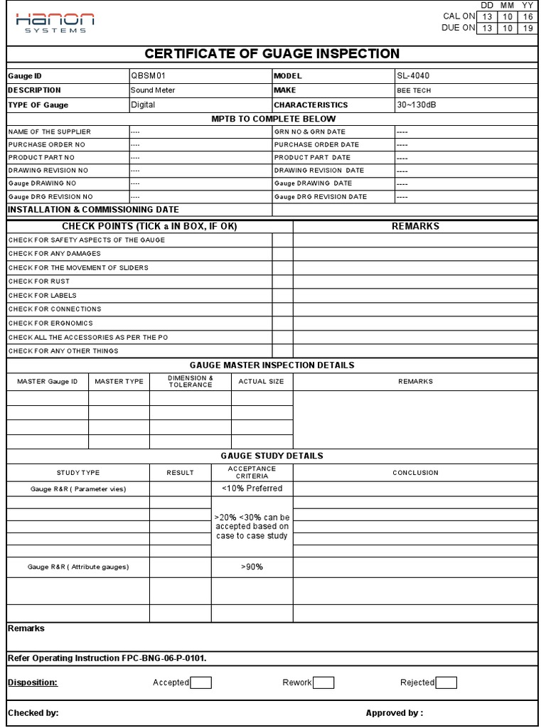 Gauge Inspection Certificate | PDF