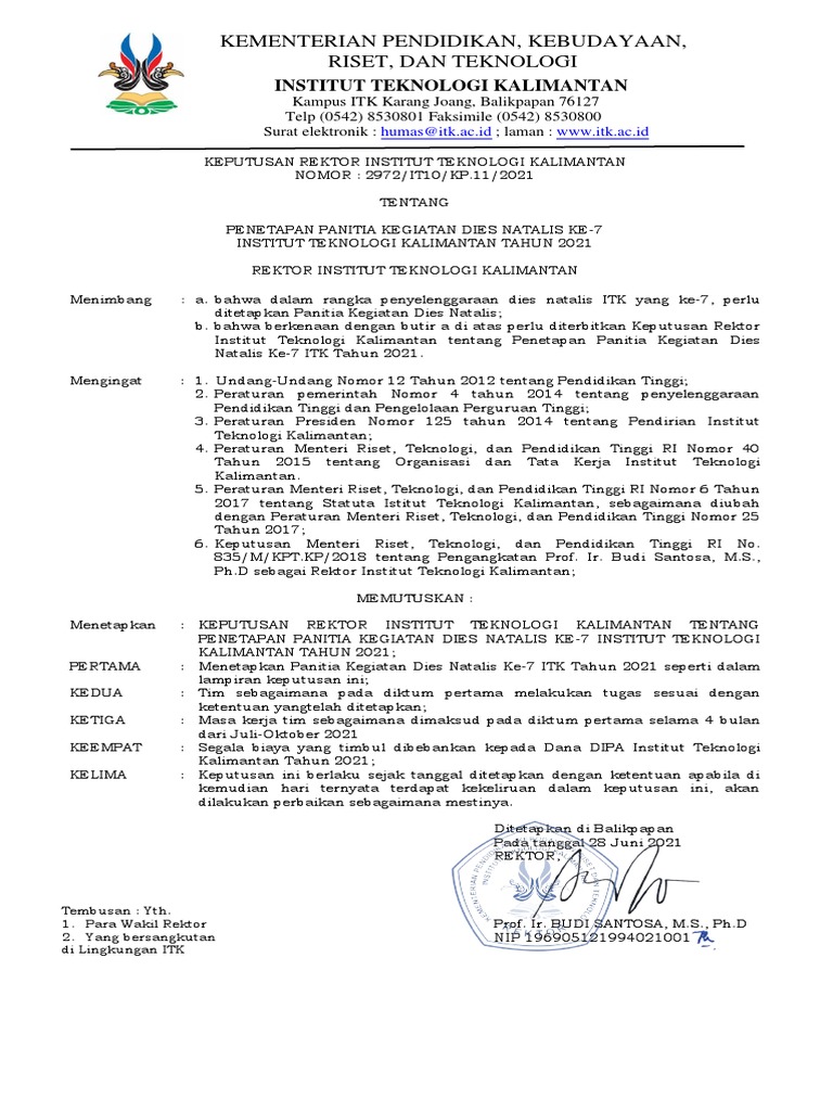 Penetapan Panitia Dies Natalis ITK 2021 | PDF
