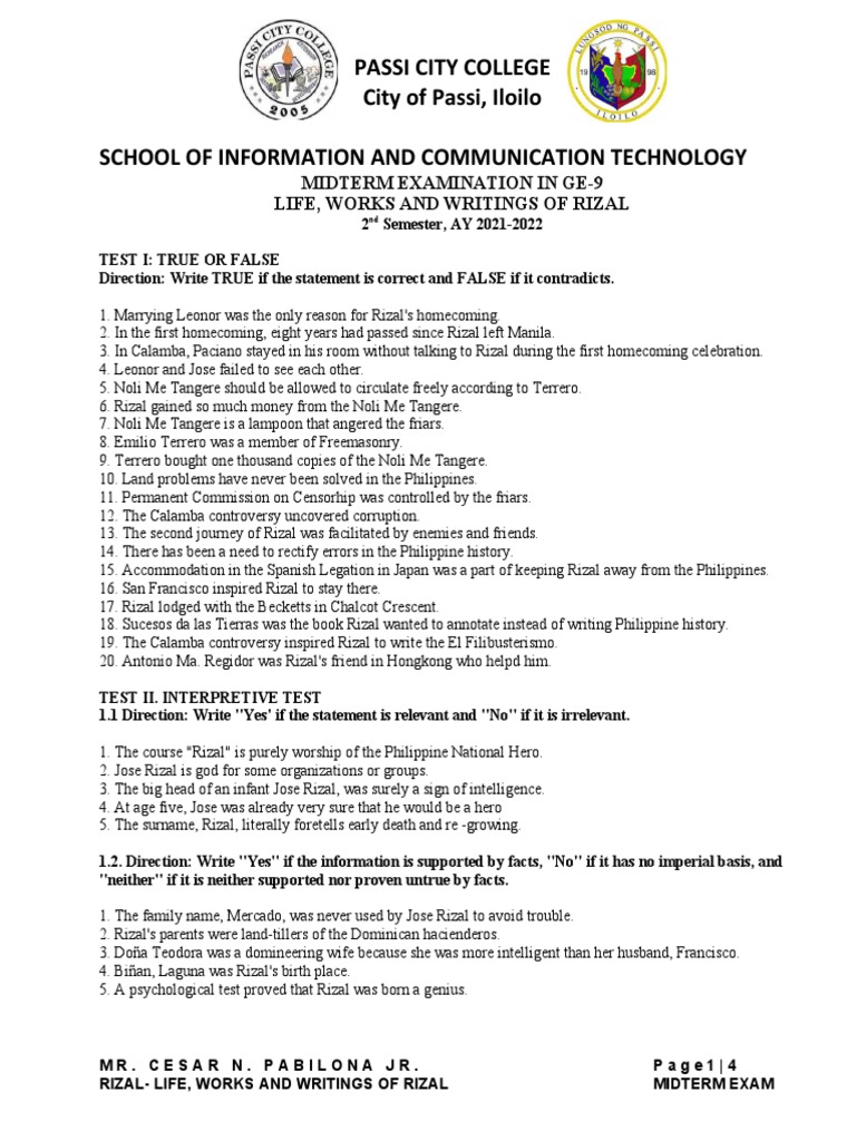 Midterm Exam in Rizal-Bsit | PDF | Manila | Philippines