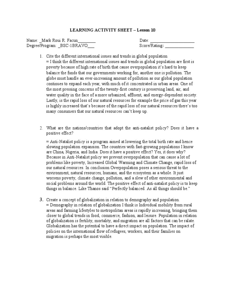 Learning Activity Sheet 10 | PDF | Human Overpopulation | Globalization