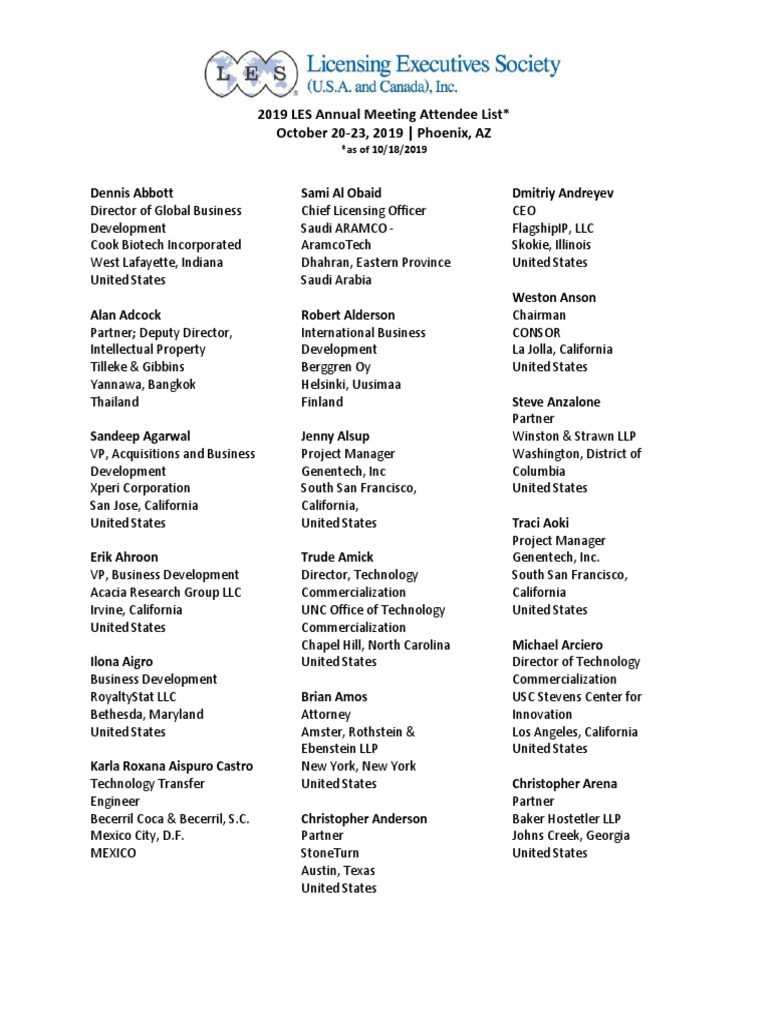 2019 LES Annual Meeting Attendees List | PDF | The United States | Business