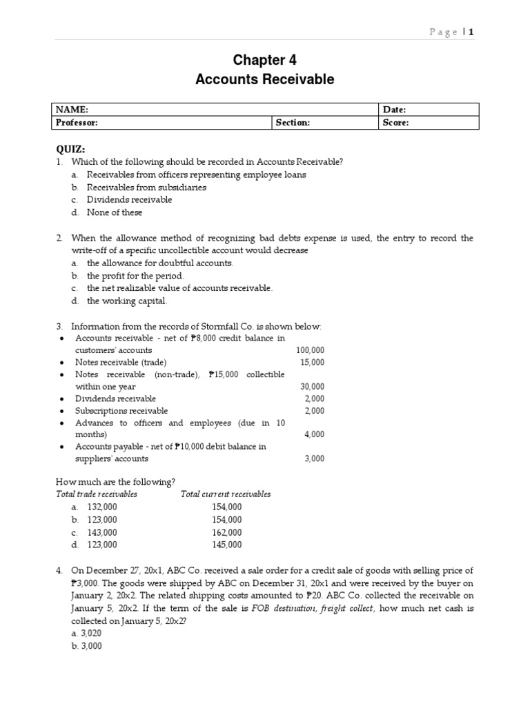 Quiz - Chapter 4 - Accounts Receivable - Ia 1 - 2020 Edition | PDF | Debits And Credits | Bad Debt