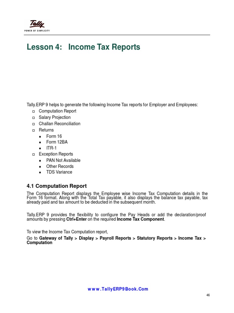 Lesson 4 Income Tax Reports TallyERP9 | Download Free PDF | Payroll Tax ...