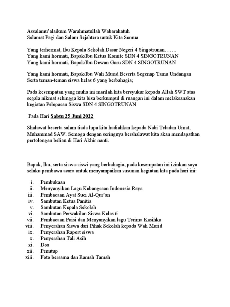 Susunan Acara Pelepasan Siswa Kelas 6 Dan Doa | PDF