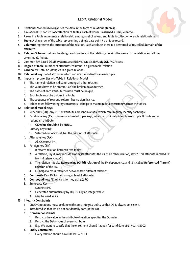 Lec 7 Notes | PDF | Relational Database | Relational Model