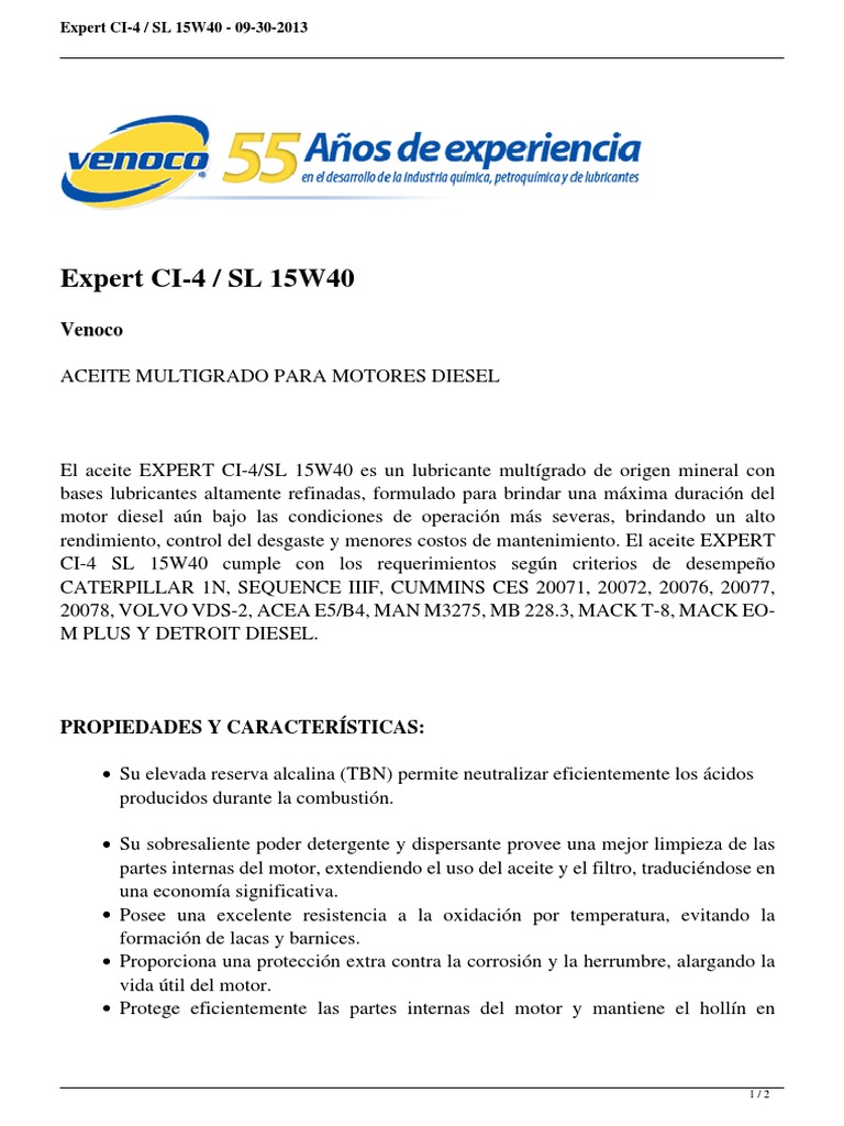 Venoco Ci 4sl Multigrado Sae 20w50 | PDF | Lubricante | Petróleo