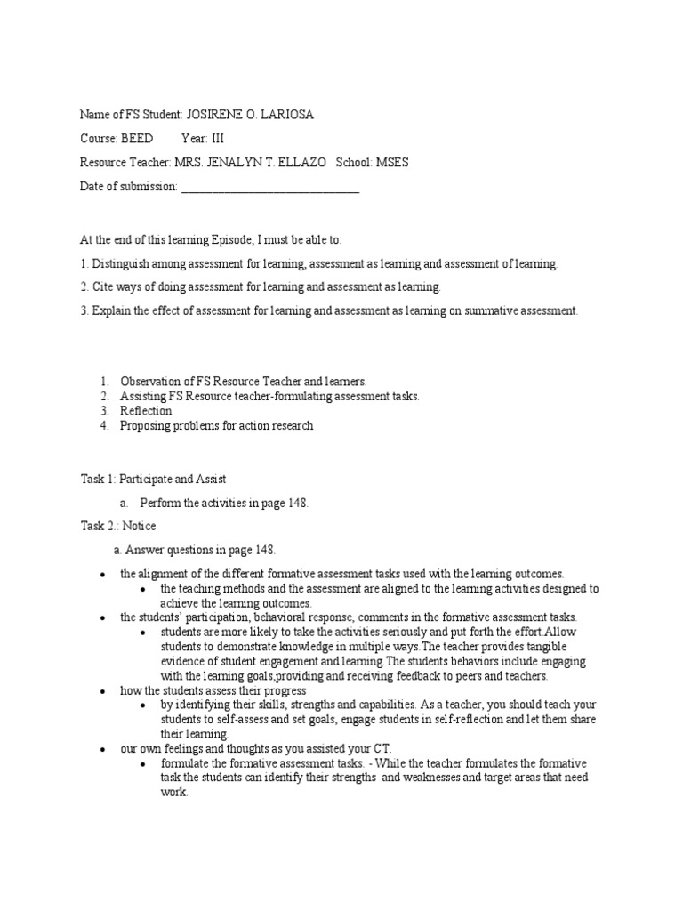 Assessing Formative Assessment: A Pre-Service Teacher's Reflection on ...