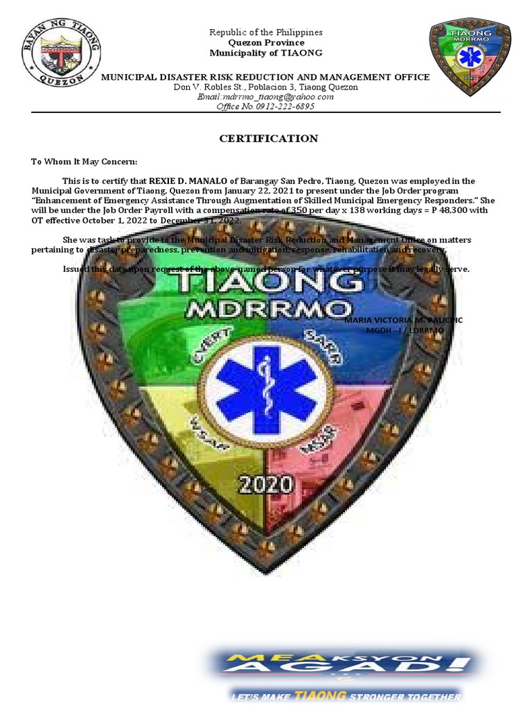 Certification of Employment and Job Description for Rexie D. Manalo as ...