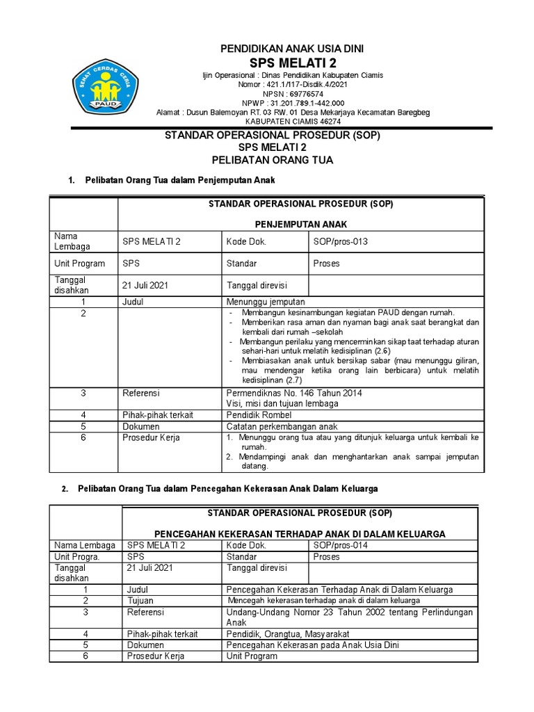SOP Keterlibatan Orang Tua PAUD | PDF