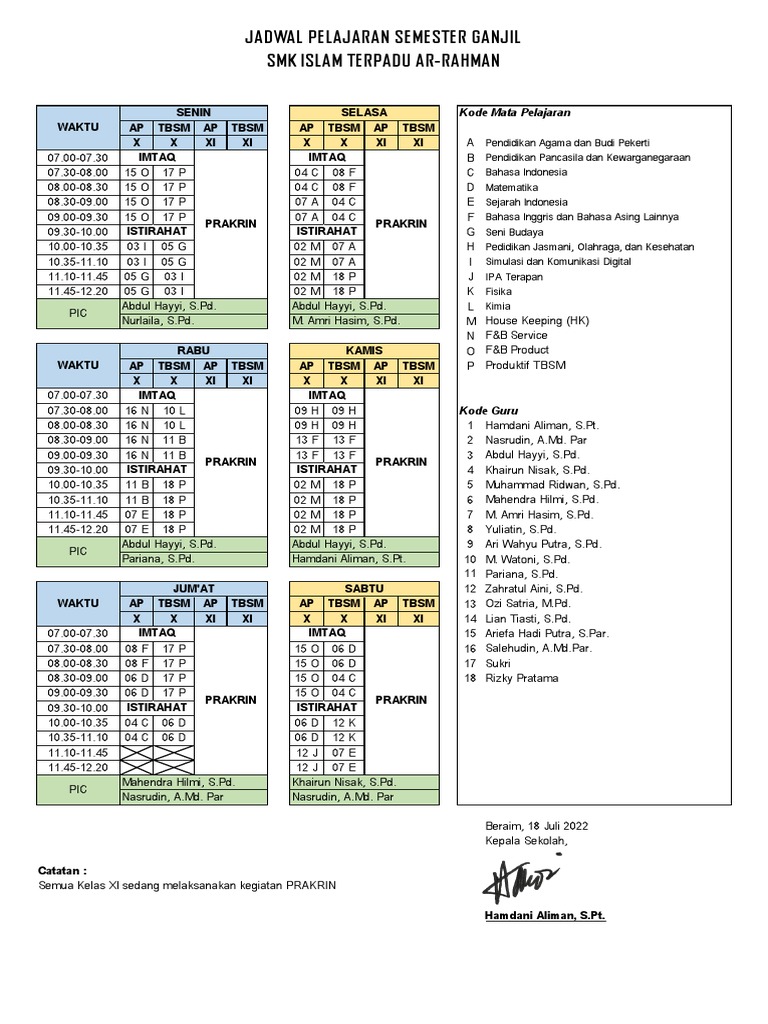 Jadwal Pelajaran SMK Ar-Rahman | PDF