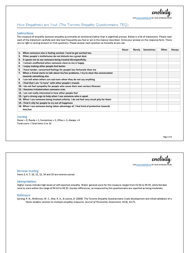 How Empathetic Are You The Toronto Empathy Questionnaire TEQ | PDF | Empathy | Metaphysics Of Mind
